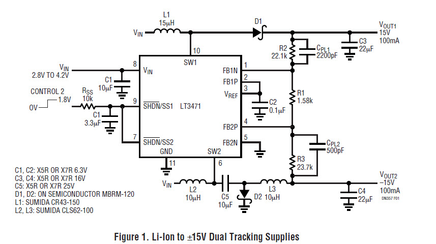 LT3471、锂离子至 15V 双路跟踪电源, 使用 Analog Devices 的 LT3471 的参考设计 ———EEWorld参考设计中心