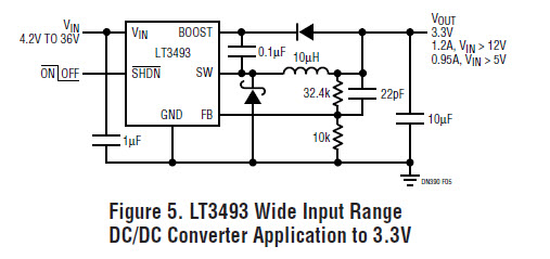 LT3493 宽输入范围 DC/DC 转换器应用至 3.3V, 使用 Analog Devices 的 LT3493 的参考设计 ...