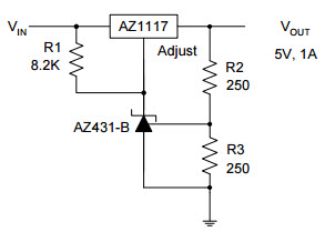 AZ431 精密 5V、1A 稳压器的典型应用电路, 使用 Diodes Incorporated 的 AZ431 的参考设计 ...